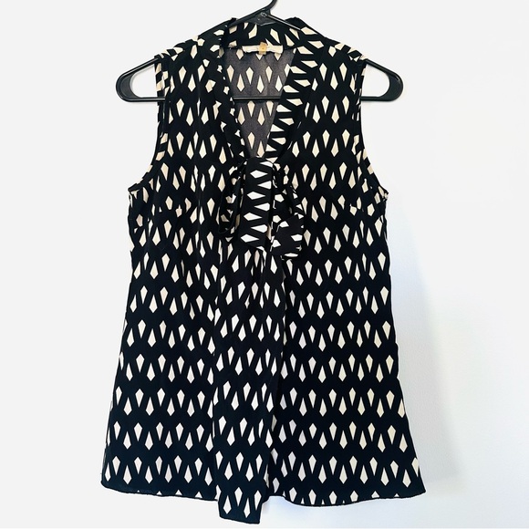 Tops | Modcloth Black And Cream Diamond Print Bow Blouse Chiffon Top ...
